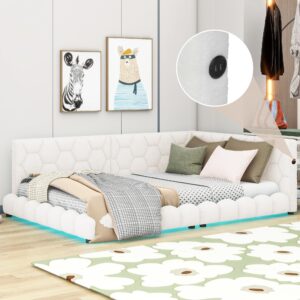 klmm stylish full size upholstered platform bed daybed with usb ports and led belt,for small spaces bedroom living room use (white@led, full)