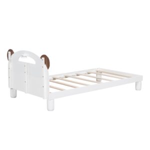 Rhomtree Twin Bed Frame with Bear Ears Shaped Headboard and LED,Wood Twin Size Platform Bed Frames with Headboard for Boy Girl Kids,No Box Spring Needed(White, Twin)