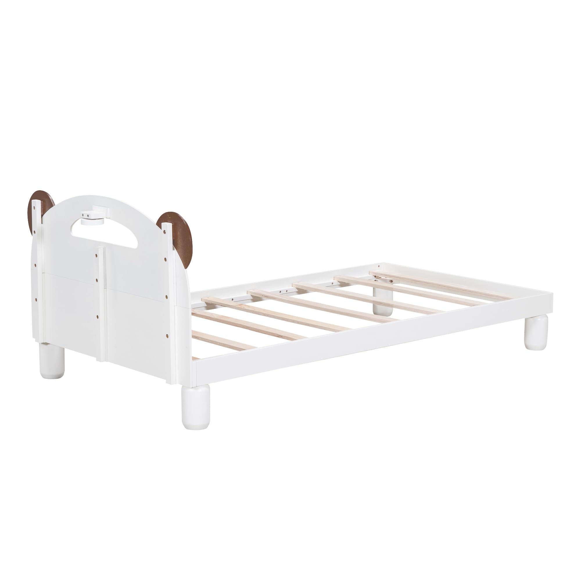 Rhomtree Twin Bed Frame with Bear Ears Shaped Headboard and LED,Wood Twin Size Platform Bed Frames with Headboard for Boy Girl Kids,No Box Spring Needed(White, Twin)