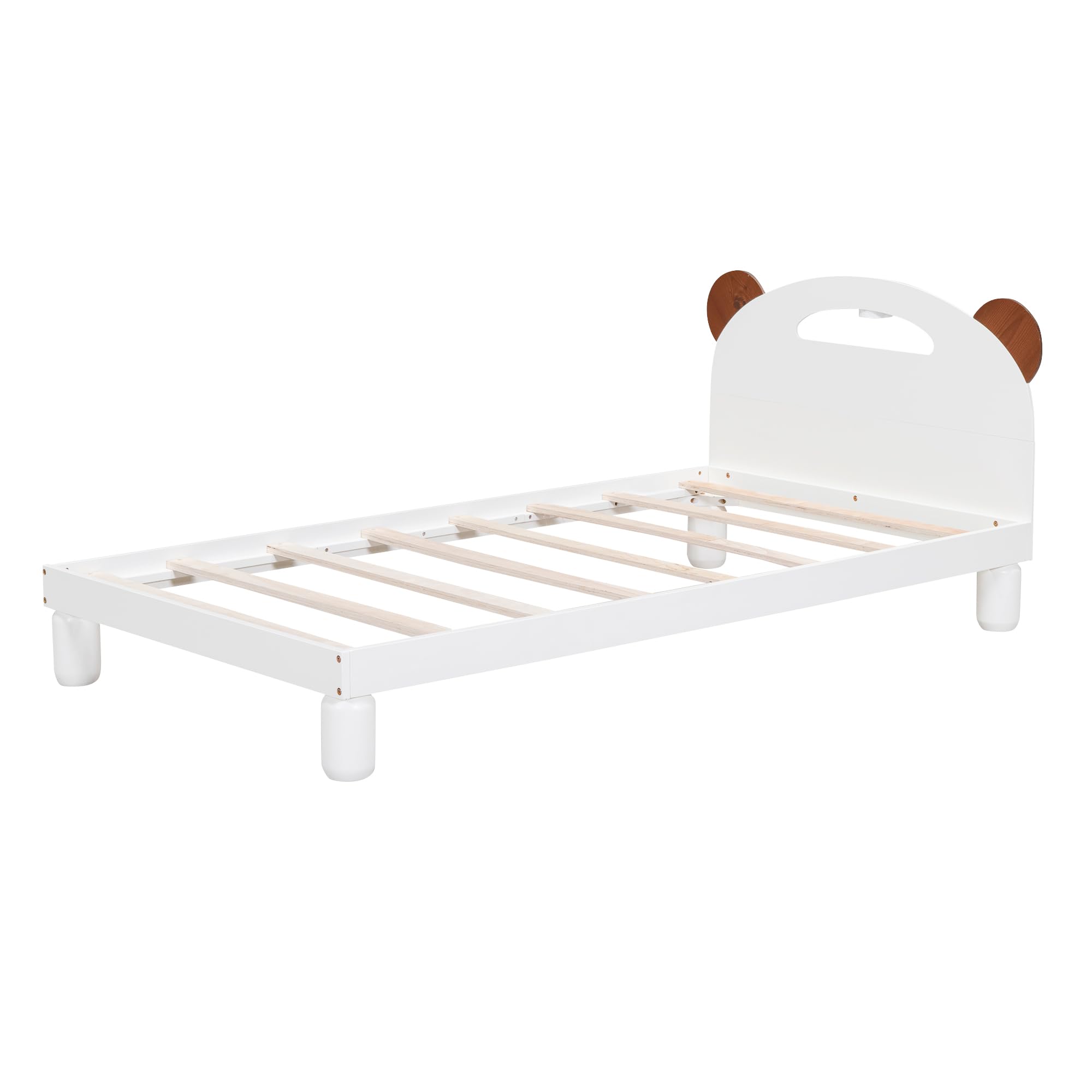 Rhomtree Twin Bed Frame with Bear Ears Shaped Headboard and LED,Wood Twin Size Platform Bed Frames with Headboard for Boy Girl Kids,No Box Spring Needed(White, Twin)