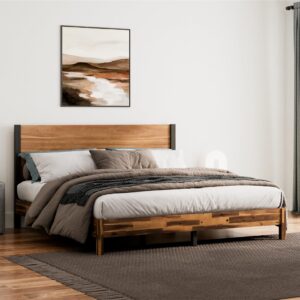 little leaf & co. liam platform bed frame - homescape collection, no box spring required, sustainable pine wood, industrial iron, easy assembly, optimal airflow, low-profile & durable (queen)