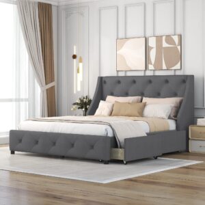 biadnbz queen size upholstered platform bed with linen fabric, 4 storage drawers and wingback tufted headboard, no box spring need, gray