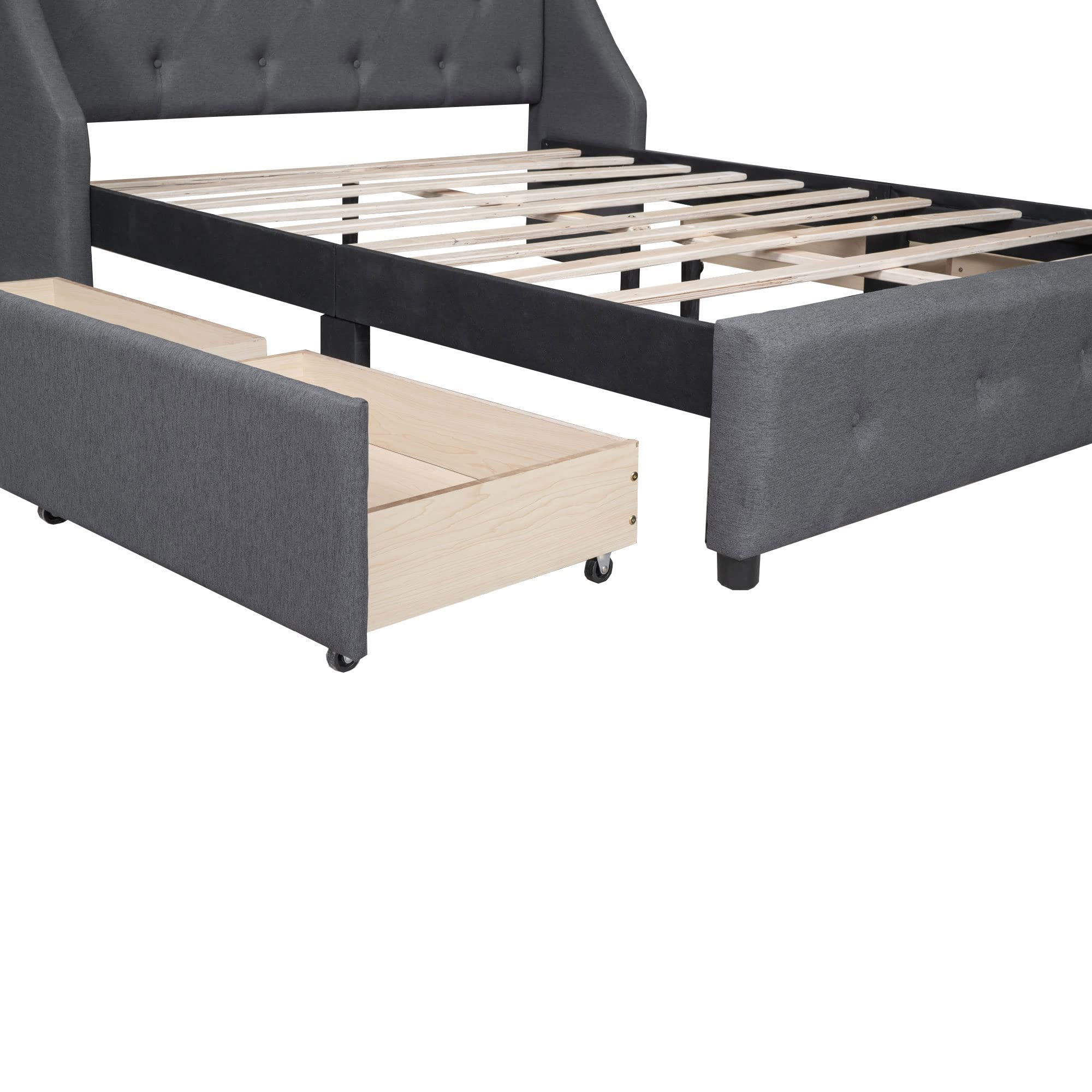 BIADNBZ Queen Size Upholstered Platform Bed with Linen Fabric, 4 Storage Drawers and Wingback Tufted Headboard, No Box Spring Need, Gray