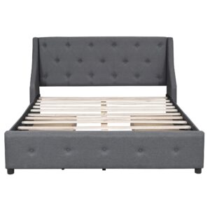 BIADNBZ Queen Size Upholstered Platform Bed with Linen Fabric, 4 Storage Drawers and Wingback Tufted Headboard, No Box Spring Need, Gray