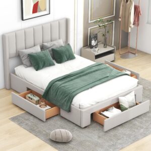 morhome upholstered queen size platform bed frame with 3 storage drawers and headboard, button tufted mattress foundation wooden slats support, no box spring needed