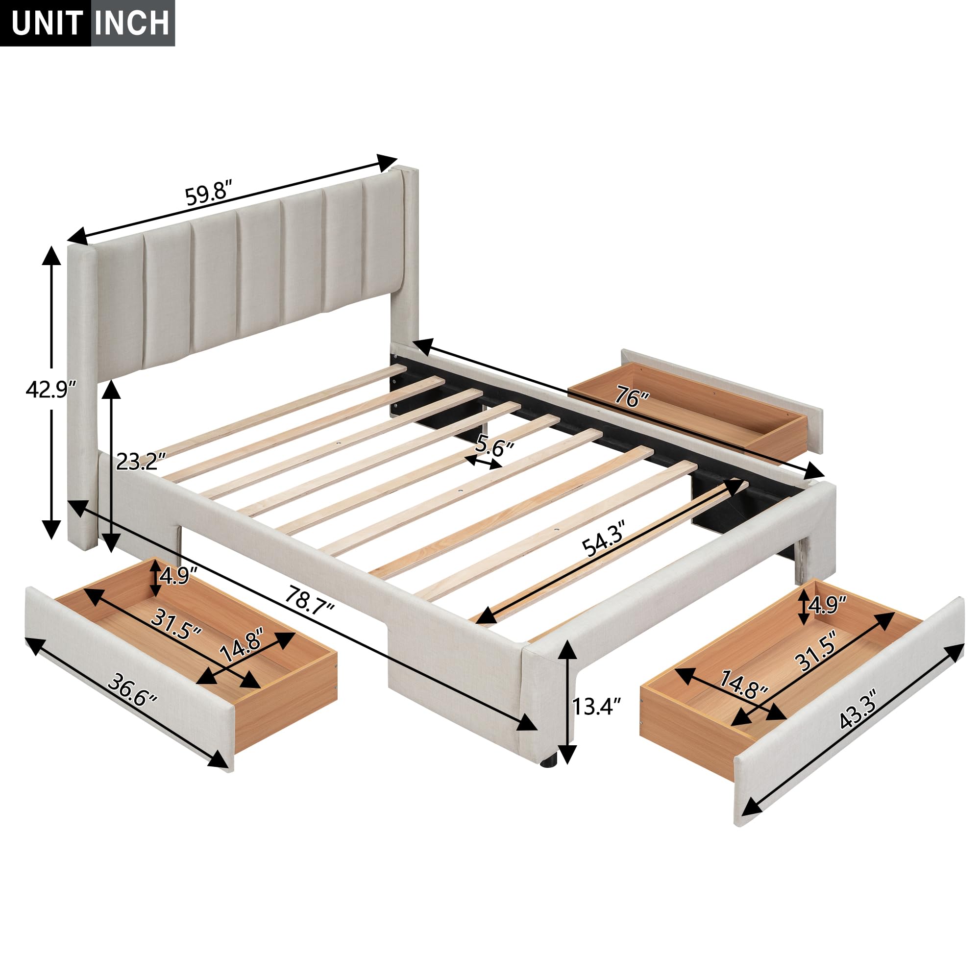 Morhome Upholstered Queen Size Platform Bed Frame with 3 Storage Drawers and Headboard, Button Tufted Mattress Foundation Wooden Slats Support, No Box Spring Needed