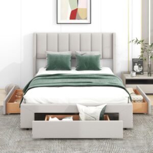 Morhome Upholstered Queen Size Platform Bed Frame with 3 Storage Drawers and Headboard, Button Tufted Mattress Foundation Wooden Slats Support, No Box Spring Needed