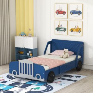 softsea twin car bed with wheels, solid wood bed frame with guardrails, twin car platform bed with guardrails for kids bedroom, car shaped bed for kids, no box spring needed, blue