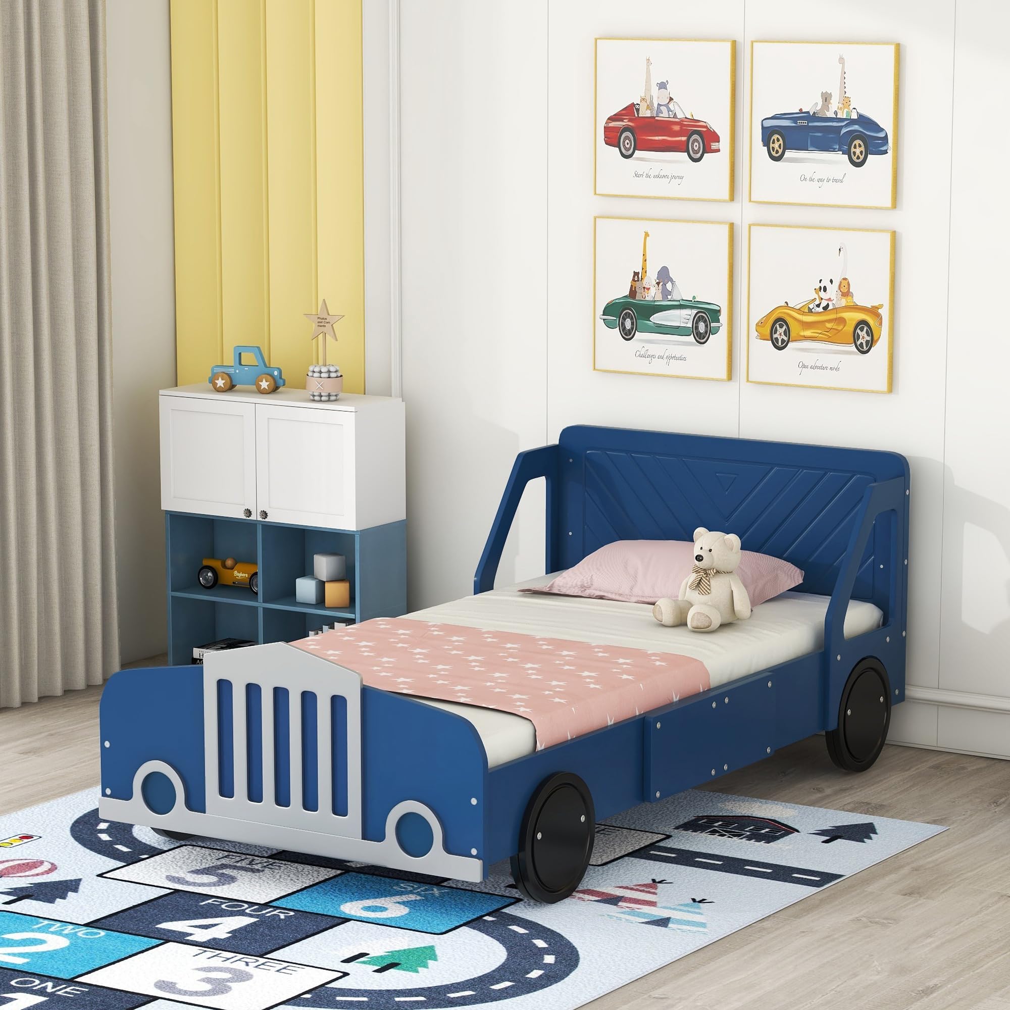 SOFTSEA Twin Car Bed with Wheels, Solid Wood Bed Frame with Guardrails, Twin Car Platform Bed with Guardrails for Kids Bedroom, Car Shaped Bed for Kids, No Box Spring Needed, Blue