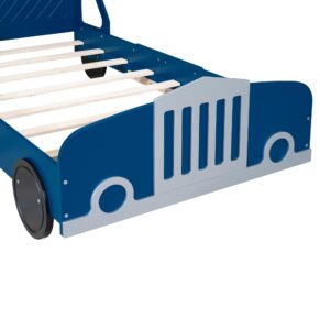 SOFTSEA Twin Car Bed with Wheels, Solid Wood Bed Frame with Guardrails, Twin Car Platform Bed with Guardrails for Kids Bedroom, Car Shaped Bed for Kids, No Box Spring Needed, Blue