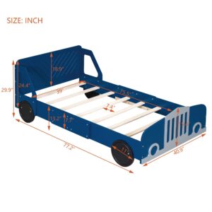 SOFTSEA Twin Car Bed with Wheels, Solid Wood Bed Frame with Guardrails, Twin Car Platform Bed with Guardrails for Kids Bedroom, Car Shaped Bed for Kids, No Box Spring Needed, Blue