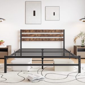 queen bed frame platform bed with rustic vintage wood headboard and metal slats support, fully upholstered mattress foundation, no box spring needed, easy assembly, black&brown