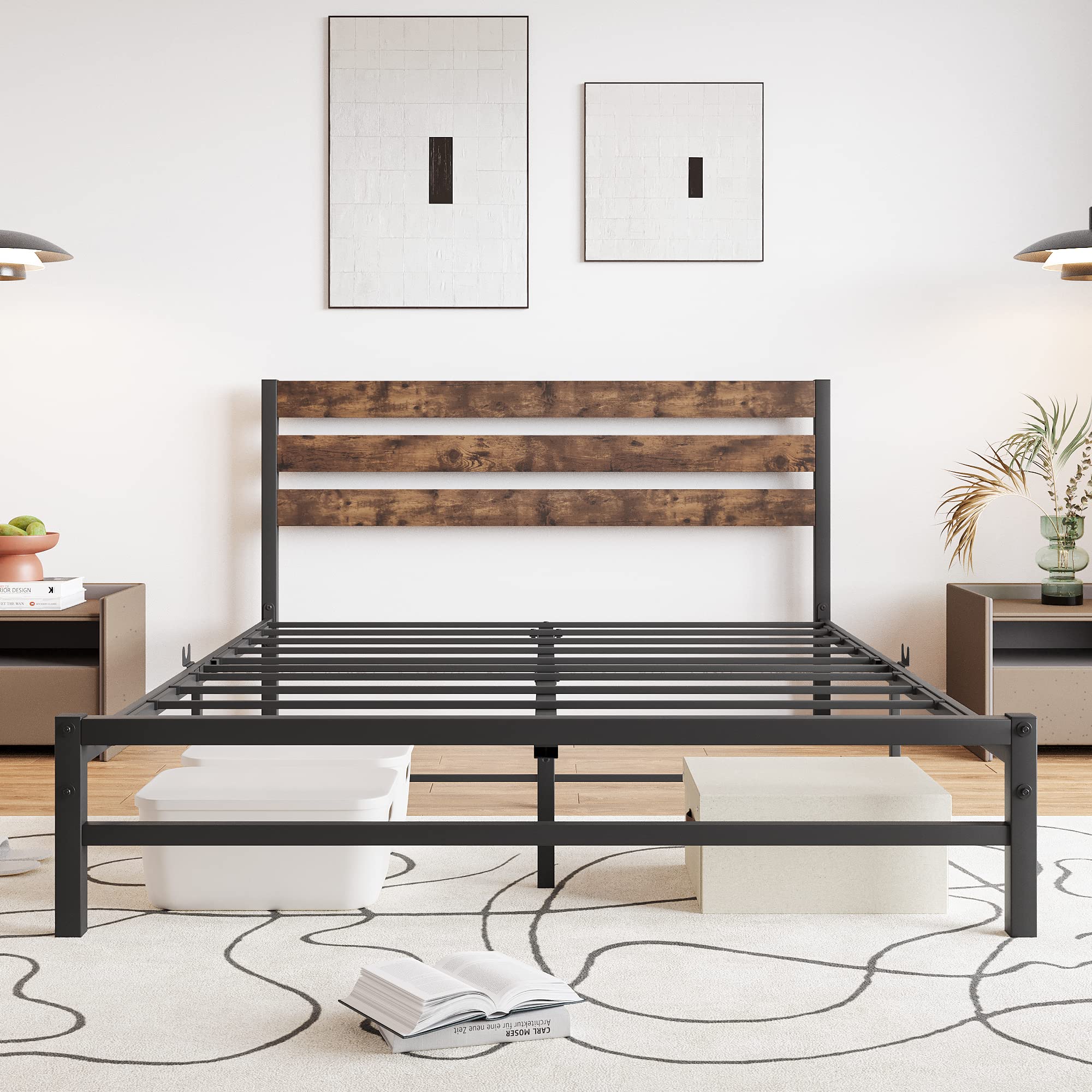 Queen Bed Frame Platform Bed with Rustic Vintage Wood Headboard and Metal Slats Support, Fully Upholstered Mattress Foundation, No Box Spring Needed, Easy Assembly, Black&Brown