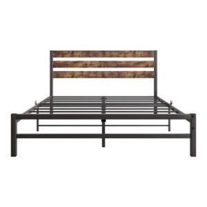 Queen Bed Frame Platform Bed with Rustic Vintage Wood Headboard and Metal Slats Support, Fully Upholstered Mattress Foundation, No Box Spring Needed, Easy Assembly, Black&Brown