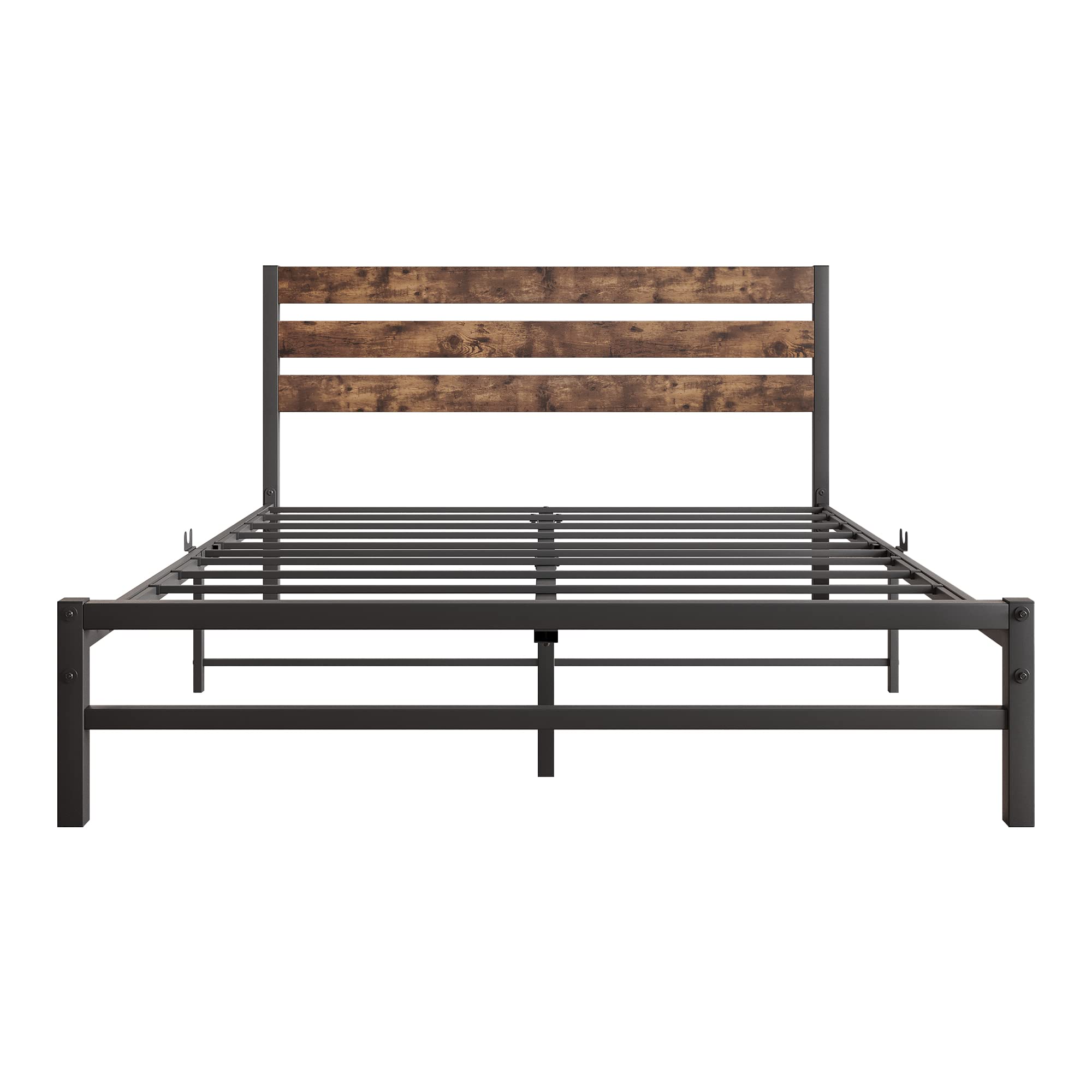 Queen Bed Frame Platform Bed with Rustic Vintage Wood Headboard and Metal Slats Support, Fully Upholstered Mattress Foundation, No Box Spring Needed, Easy Assembly, Black&Brown