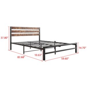 Queen Bed Frame Platform Bed with Rustic Vintage Wood Headboard and Metal Slats Support, Fully Upholstered Mattress Foundation, No Box Spring Needed, Easy Assembly, Black&Brown