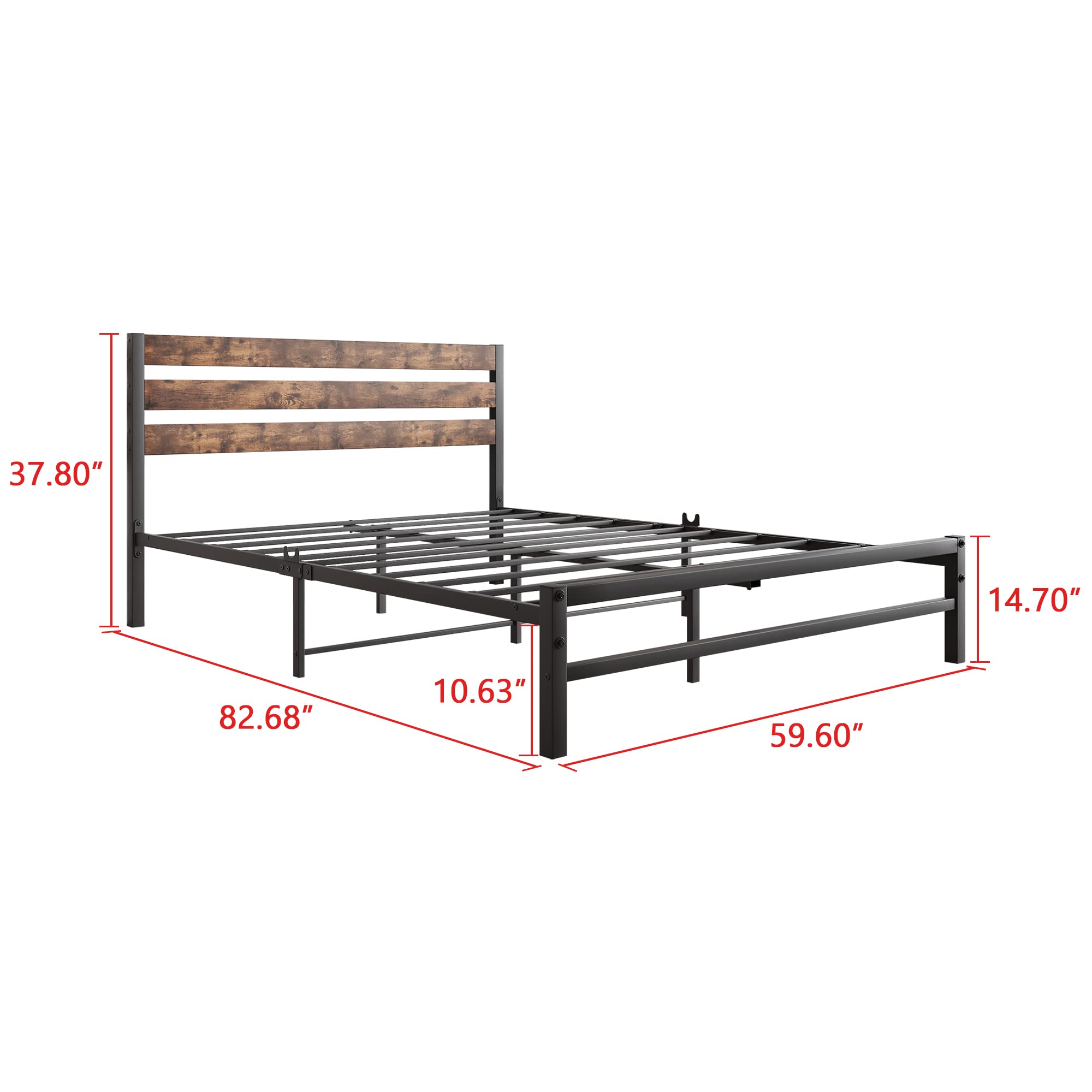 Queen Bed Frame Platform Bed with Rustic Vintage Wood Headboard and Metal Slats Support, Fully Upholstered Mattress Foundation, No Box Spring Needed, Easy Assembly, Black&Brown