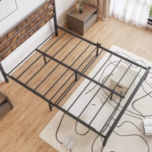 Queen Bed Frame Platform Bed with Rustic Vintage Wood Headboard and Metal Slats Support, Fully Upholstered Mattress Foundation, No Box Spring Needed, Easy Assembly, Black&Brown