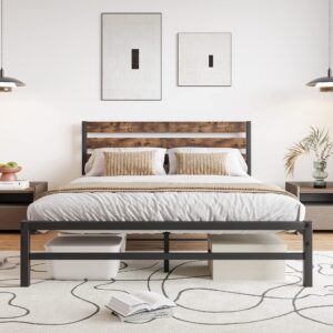 Queen Bed Frame Platform Bed with Rustic Vintage Wood Headboard and Metal Slats Support, Fully Upholstered Mattress Foundation, No Box Spring Needed, Easy Assembly, Black&Brown