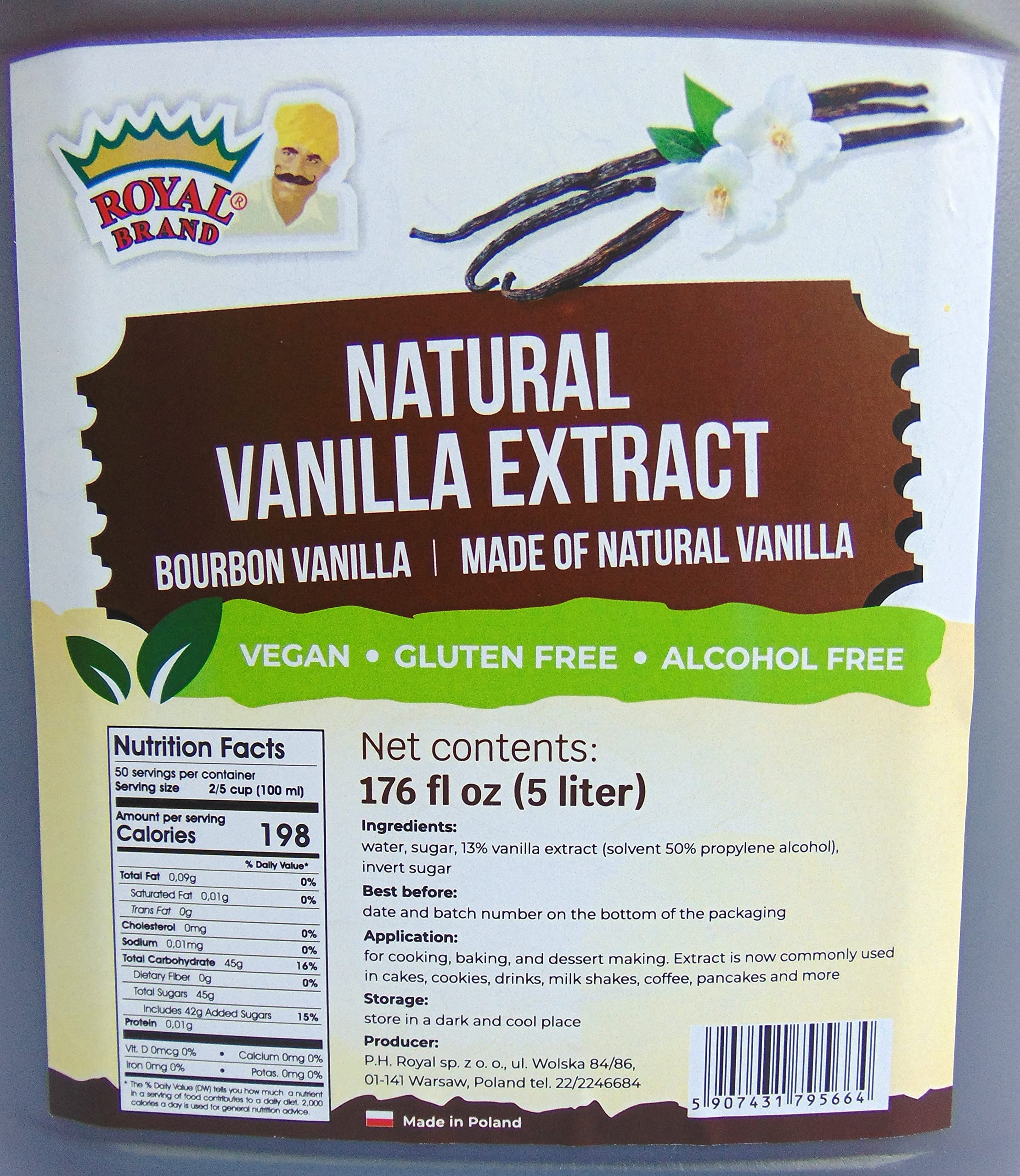 Pure vanilla extract without alcohol / Natural Vanilla Extract / Alcohol Free / Without Alcohol / Bourbon Vanilla / Vegan / Gluten Free / 176 fl oz / 5 Litres / Halal