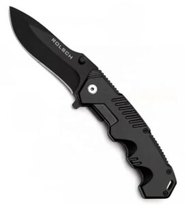 rolsch - black tactical knife - spring assisted folding knife – black stainless steel blade and black aluminum handle with pocket clip - great folding knife for hunting, camping, survival, tactical, edc