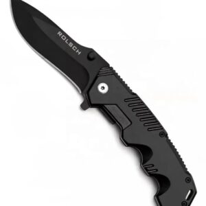 ROLSCH - Black Tactical Knife - Spring Assisted Folding Knife – Black Stainless Steel Blade and Black Aluminum Handle with Pocket Clip - Great Folding Knife for Hunting, Camping, Survival, Tactical, EDC