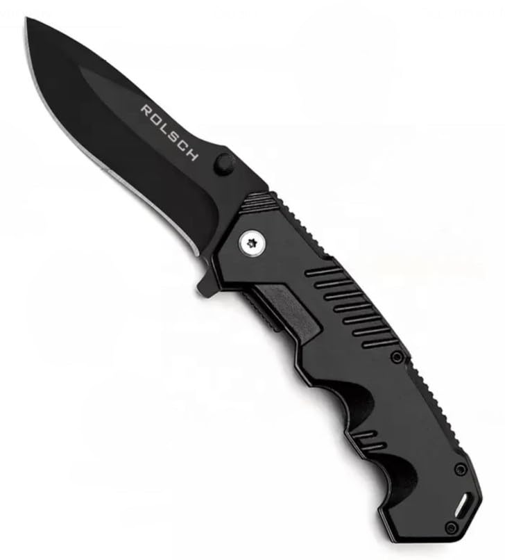 ROLSCH - Black Tactical Knife - Spring Assisted Folding Knife – Black Stainless Steel Blade and Black Aluminum Handle with Pocket Clip - Great Folding Knife for Hunting, Camping, Survival, Tactical, EDC