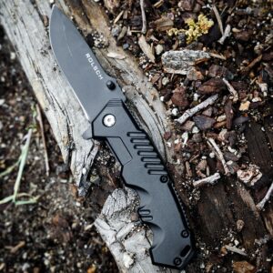 ROLSCH - Black Tactical Knife - Spring Assisted Folding Knife – Black Stainless Steel Blade and Black Aluminum Handle with Pocket Clip - Great Folding Knife for Hunting, Camping, Survival, Tactical, EDC