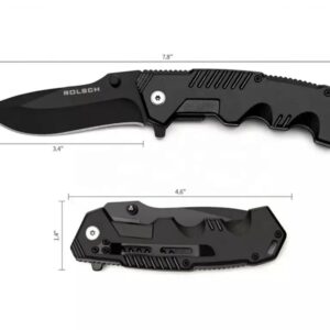 ROLSCH - Black Tactical Knife - Spring Assisted Folding Knife – Black Stainless Steel Blade and Black Aluminum Handle with Pocket Clip - Great Folding Knife for Hunting, Camping, Survival, Tactical, EDC