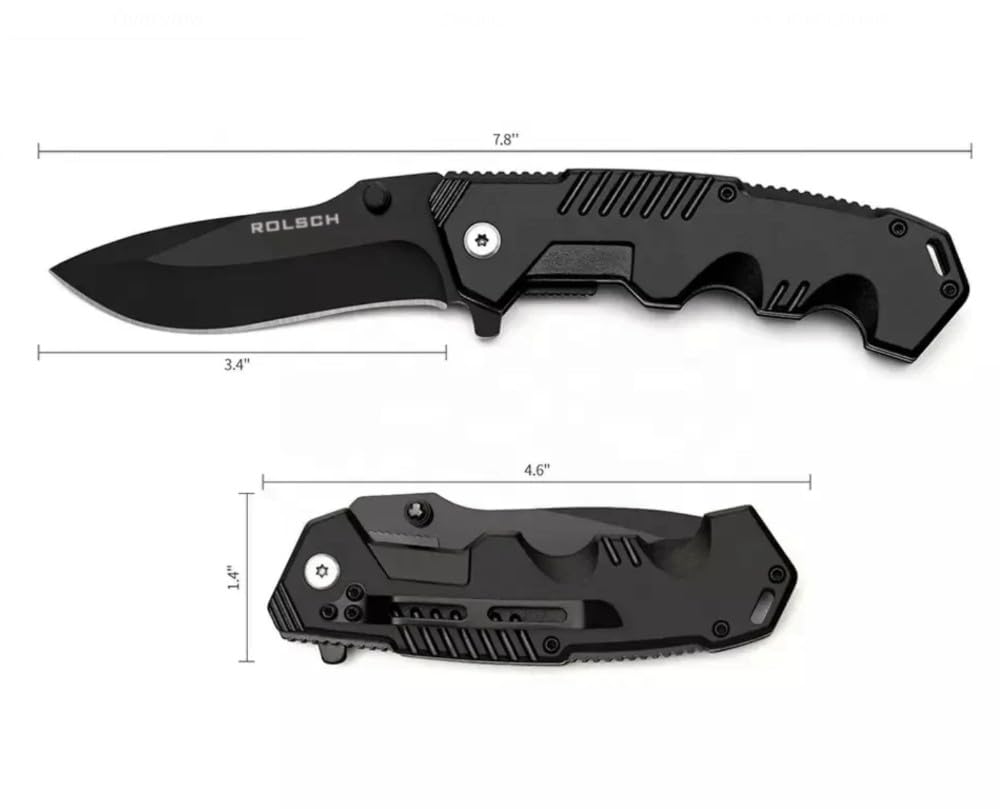 ROLSCH - Black Tactical Knife - Spring Assisted Folding Knife – Black Stainless Steel Blade and Black Aluminum Handle with Pocket Clip - Great Folding Knife for Hunting, Camping, Survival, Tactical, EDC