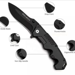 ROLSCH - Black Tactical Knife - Spring Assisted Folding Knife – Black Stainless Steel Blade and Black Aluminum Handle with Pocket Clip - Great Folding Knife for Hunting, Camping, Survival, Tactical, EDC