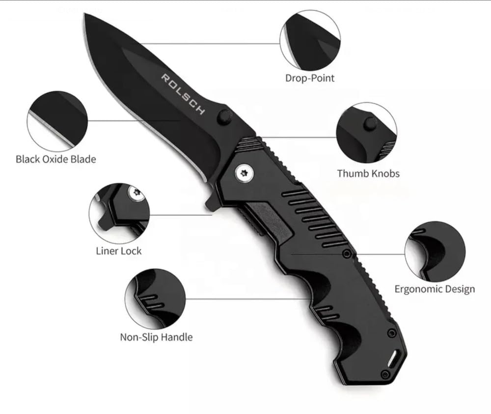 ROLSCH - Black Tactical Knife - Spring Assisted Folding Knife – Black Stainless Steel Blade and Black Aluminum Handle with Pocket Clip - Great Folding Knife for Hunting, Camping, Survival, Tactical, EDC