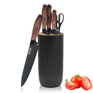 knife set, 6-piece black professional kitchen knife set for chef, super sharp knife set with universal knife block, anti-rust stainless steel kitchen knife block set, ergonomical design (black)