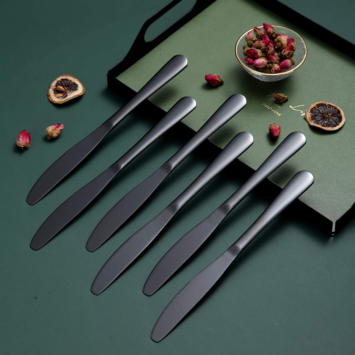 Black Dinner Knives Set Of 12, Berglander Stainless Steel Titanium Plating Shiny Black Dinner Knife, Butter Knife Spreader Table Knives Sturdy And Dishwasher Safe