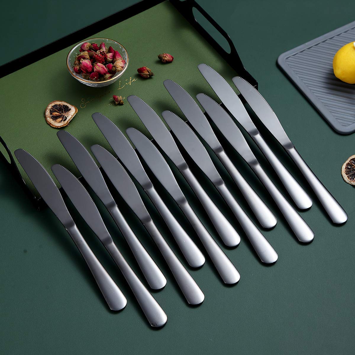 Black Dinner Knives Set Of 12, Berglander Stainless Steel Titanium Plating Shiny Black Dinner Knife, Butter Knife Spreader Table Knives Sturdy And Dishwasher Safe