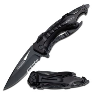 tac force- spring assisted folding pocket knife – black stainless steel blade with black aluminum handle, bottle opener, glass punch and pocket clip, tactical, edc, rescue - tf-705 , 3.25 inch blade