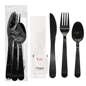 party essentials individually wrapped black plastic cutlery packets/heavy duty silverware kits, fork/spoon/knife/napkin/salt/pepper, 100 sets