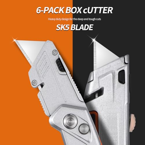 GRENPRO 6-Pack Utility Knife, SK5 Heavy Duty Retractable Folding Utility Knife, Storage Blade Design, Quick-change，Comes with 38 Extra CK75 Blades，Cut Cartons, Cardboard and Boxes,（Total 44 Blades）