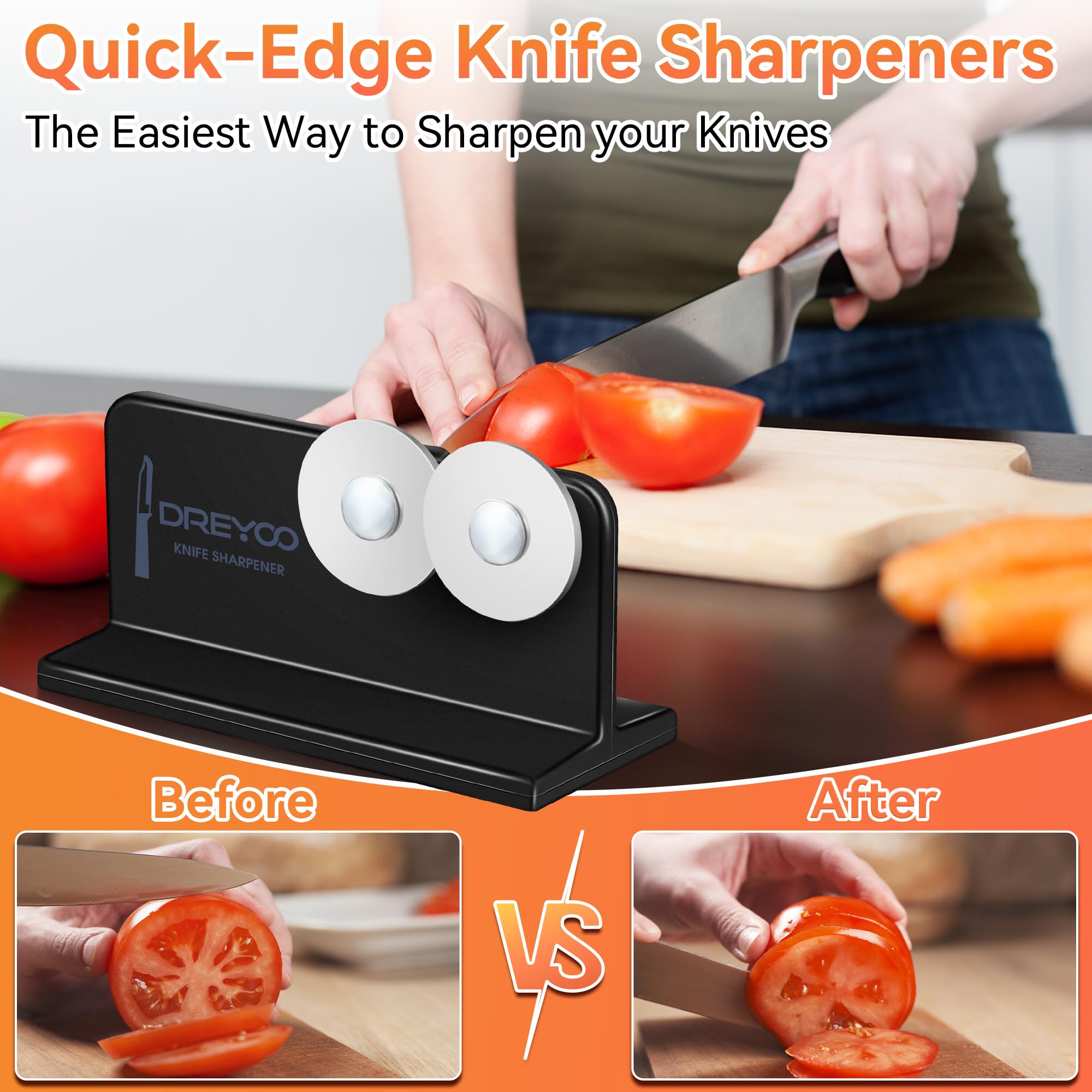 Dreyoo Cutlery Pointed Edge Knife Sharpener, Double Sided Stainless Steel Wheels Cutlery Knife Sharpener, Broadhead Knife Sharpeners for Kitchen Knives, Pocket Knives, Blade, Camping Use