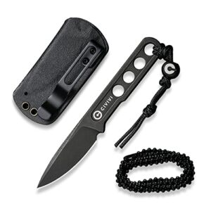 civivi circulus fixed blade knife, 1.96" cutting edge black stonewashed 10cr15comov steel with a black kydex sheath, a nylon lanyard with titanium bead c22012-1