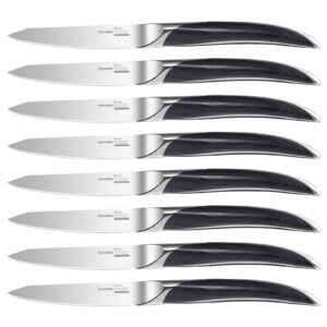 oaksware non serrated steak knives set of 8, 5 inch german high carbon steel steak knife for kitchen, sharp knives with full-tang ergonomic handle, black