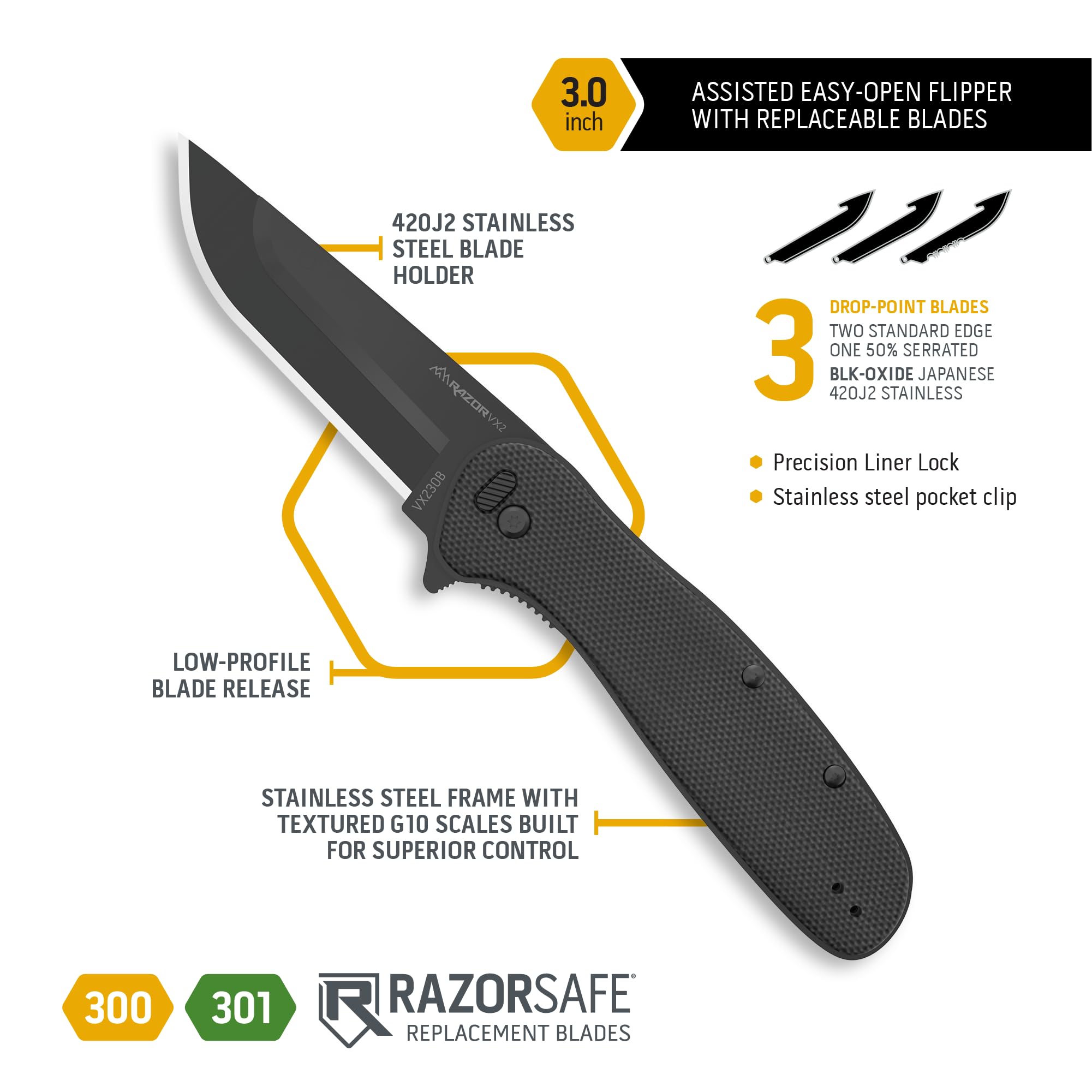 OUTDOOR EDGE RAZOR VX2 | Replaceable Blade Assisted EDC Flipper Folding Pocket Knife | 3" Blade, Black G-10 Stainless Steel Handle, Reversible Pocket Clip | Outdoor, Camping, Survival, Utility