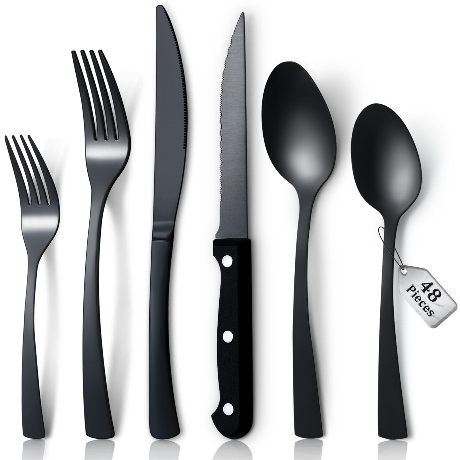 APEO 48 Piece Matte Black Silverware Set with Steak Knives, Stainless Steel Flatware Sets for 8, Satin Polished Cutlery Set for Kitchen, forks spoons and knives set, Dishwasher Safe Utensil Set