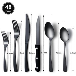 APEO 48 Piece Matte Black Silverware Set with Steak Knives, Stainless Steel Flatware Sets for 8, Satin Polished Cutlery Set for Kitchen, forks spoons and knives set, Dishwasher Safe Utensil Set