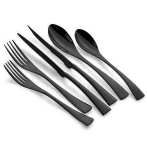 joincook 24 pieces black silverware set with steak knives service for 4,modern 18/10 stainless steel flatware cutlery set,utensil set for home restaurant hotel,mirror polished,dishwasher safe