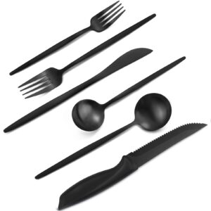 vanvro 48 pieces matte black silverware set with steak knives, satin finish tableware cutlery set, home and restaurant, service for 8, dishwasher safe