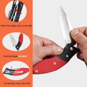 Folding Pocket Knife, 3 inch 8Cr13MoV Stainless Steel Blade, Safety Liner Lock, Pocket Clip, Manual Opening, G10 Handle, Perfect for Outdoor Camping and Everyday Carry, Black+Red