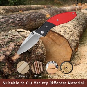 Folding Pocket Knife, 3 inch 8Cr13MoV Stainless Steel Blade, Safety Liner Lock, Pocket Clip, Manual Opening, G10 Handle, Perfect for Outdoor Camping and Everyday Carry, Black+Red