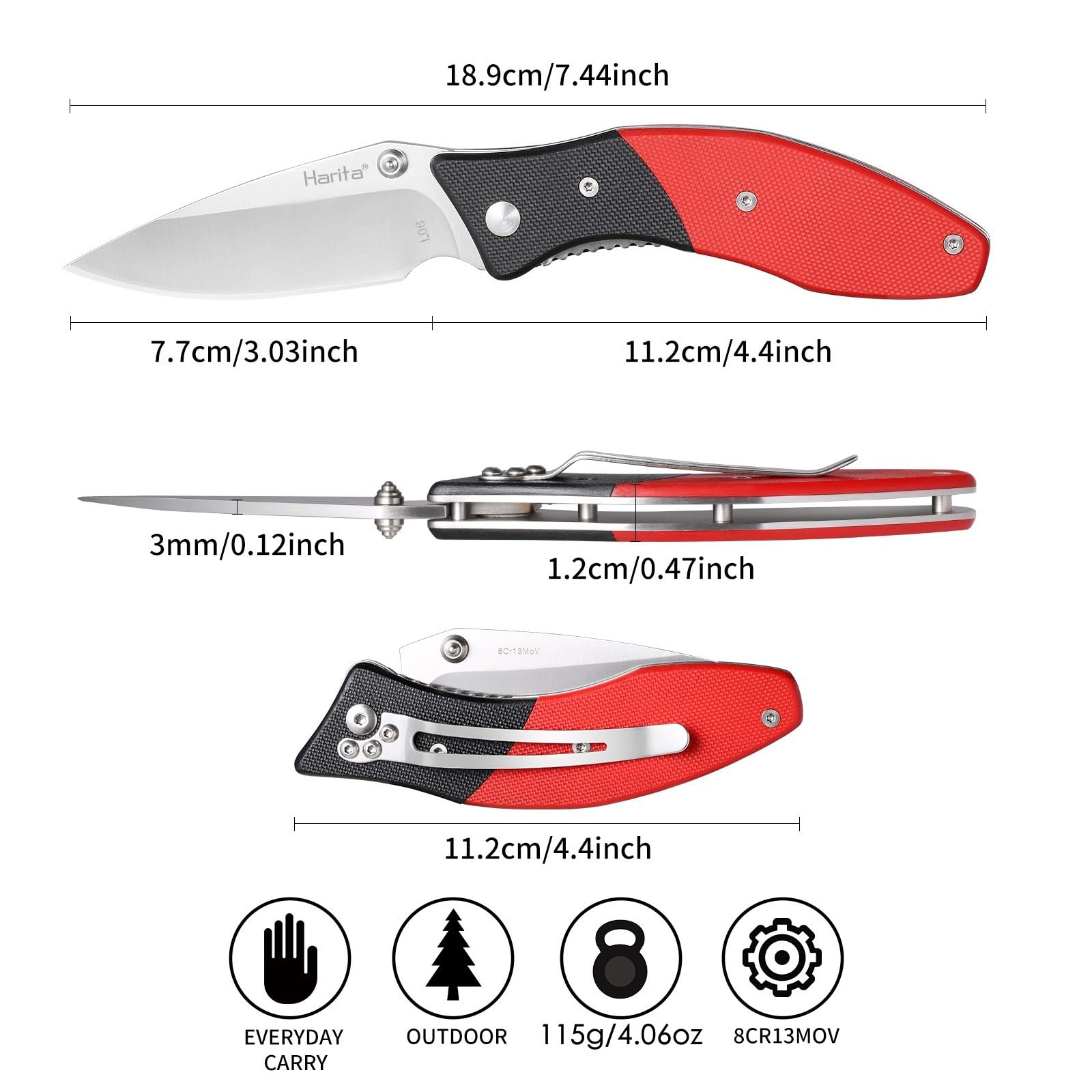 Folding Pocket Knife, 3 inch 8Cr13MoV Stainless Steel Blade, Safety Liner Lock, Pocket Clip, Manual Opening, G10 Handle, Perfect for Outdoor Camping and Everyday Carry, Black+Red