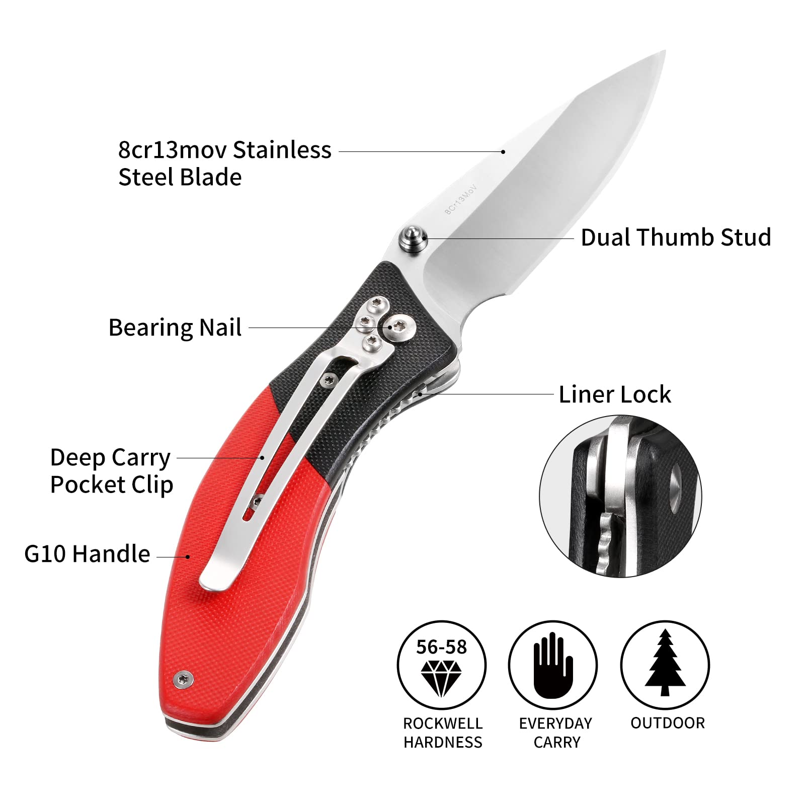 Folding Pocket Knife, 3 inch 8Cr13MoV Stainless Steel Blade, Safety Liner Lock, Pocket Clip, Manual Opening, G10 Handle, Perfect for Outdoor Camping and Everyday Carry, Black+Red